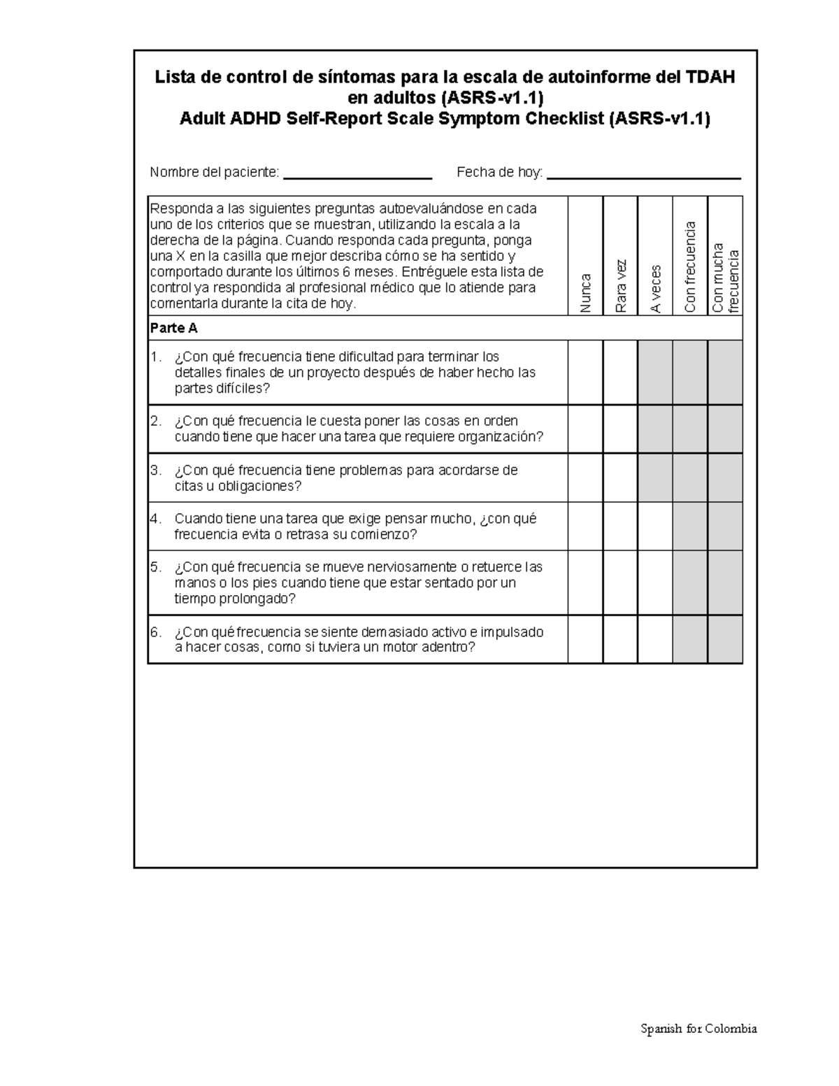 Lista de control de síntomas para la escala de autoinforme del TDAH en ...