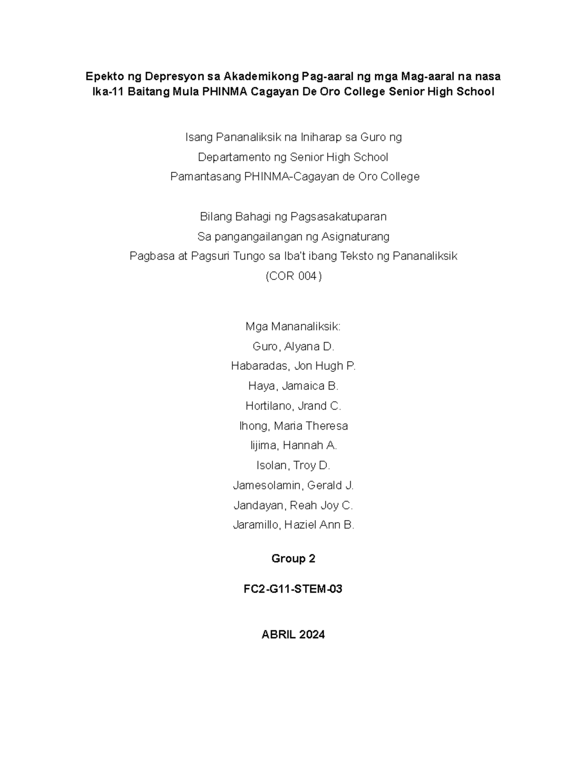 Group 2 Major PT COR 004 2 - Epekto ng Depresyon sa Akademikong Pag ...