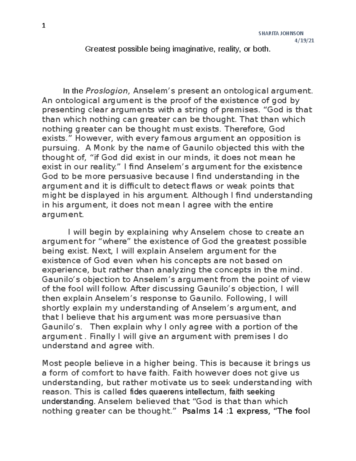 Paper final - Notes - SHARITA JOHNSON 4/19/ Greatest possible being ...