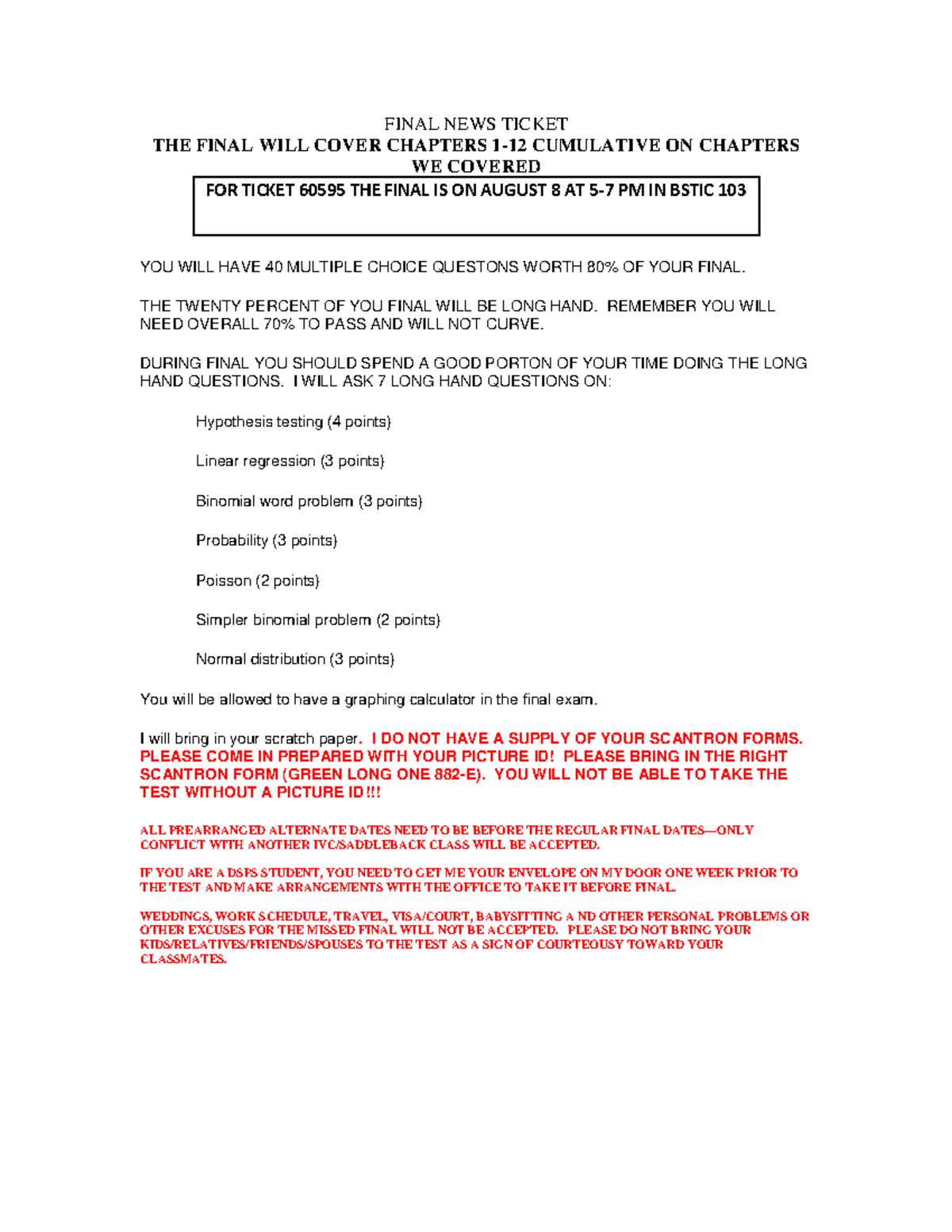 Final Review - FINAL NEWS TICKET THE FINAL WILL COVER CHAPTERS 1-12 CUMULATIVE ON CHAPTERS WE ...