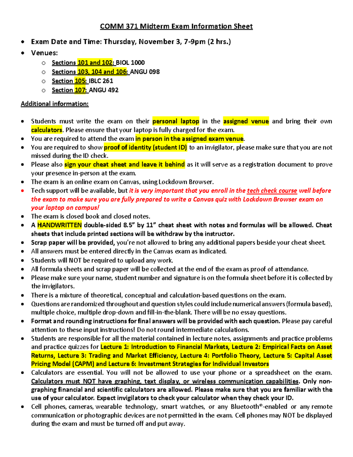COMM 371 Midterm Exam Information (Nov 3, 2022) - COMM 371 Midterm Exam Information Sheet • Exam ...