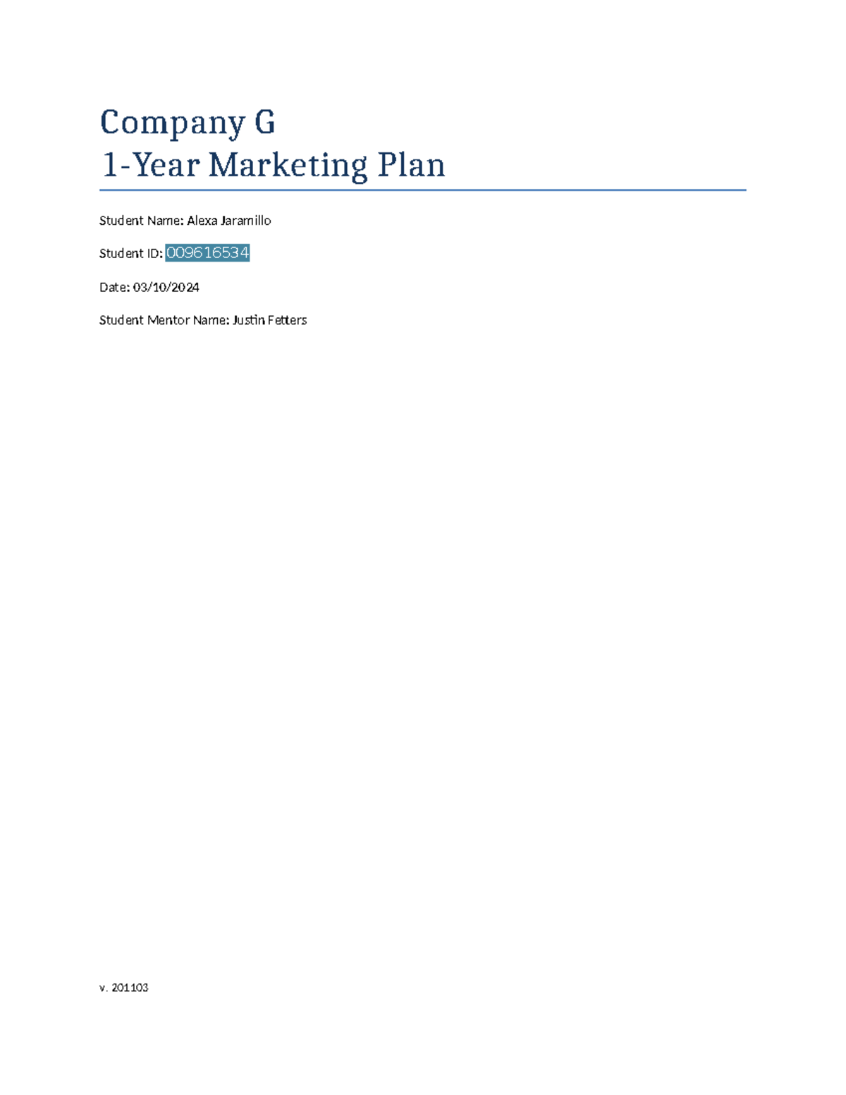 Alexa Marketing Plan-2 - Company G 1-Year Marketing Plan Student Name ...