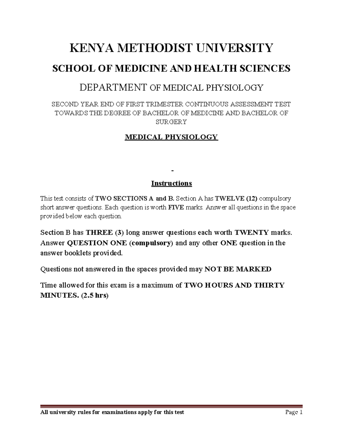 Physiology Yr 2 - KENYA METHODIST UNIVERSITY SCHOOL OF MEDICINE AND HEALTH SCIENCES DEPARTMENT ...