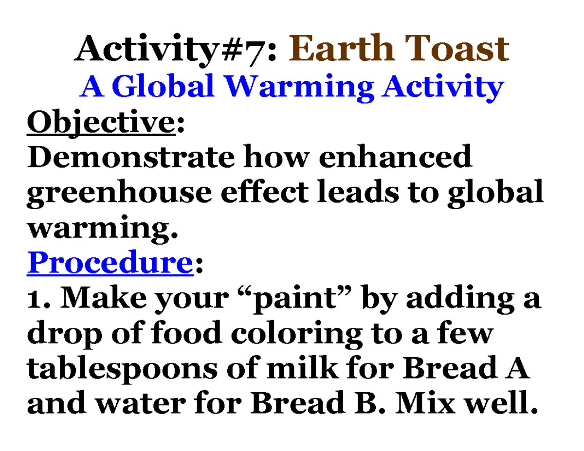 Activity-Earth Toast - Activity#7: Earth Toast A Global Warming ...