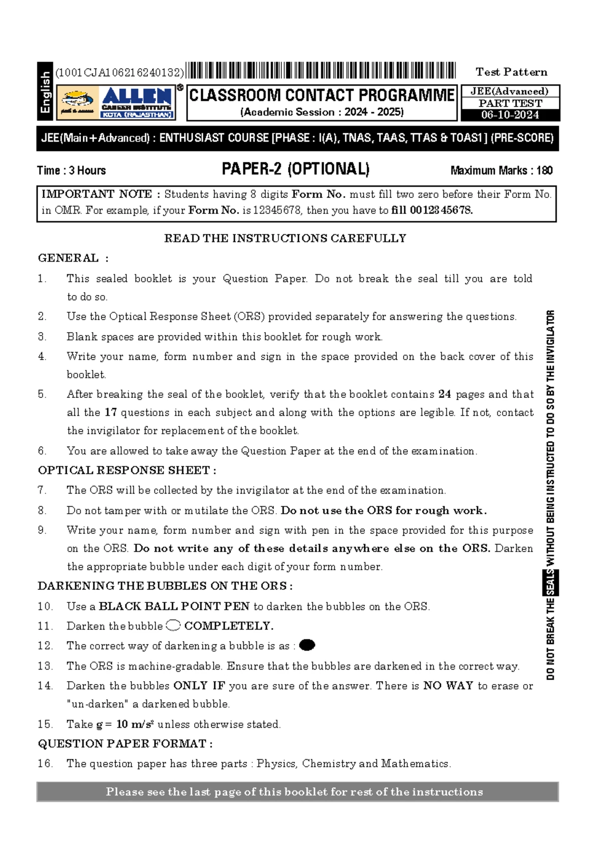 Pre Score Part Test 4Paper 1 IIT Enthuse 28526103 TEST PDF i OWN98p ZWD ...
