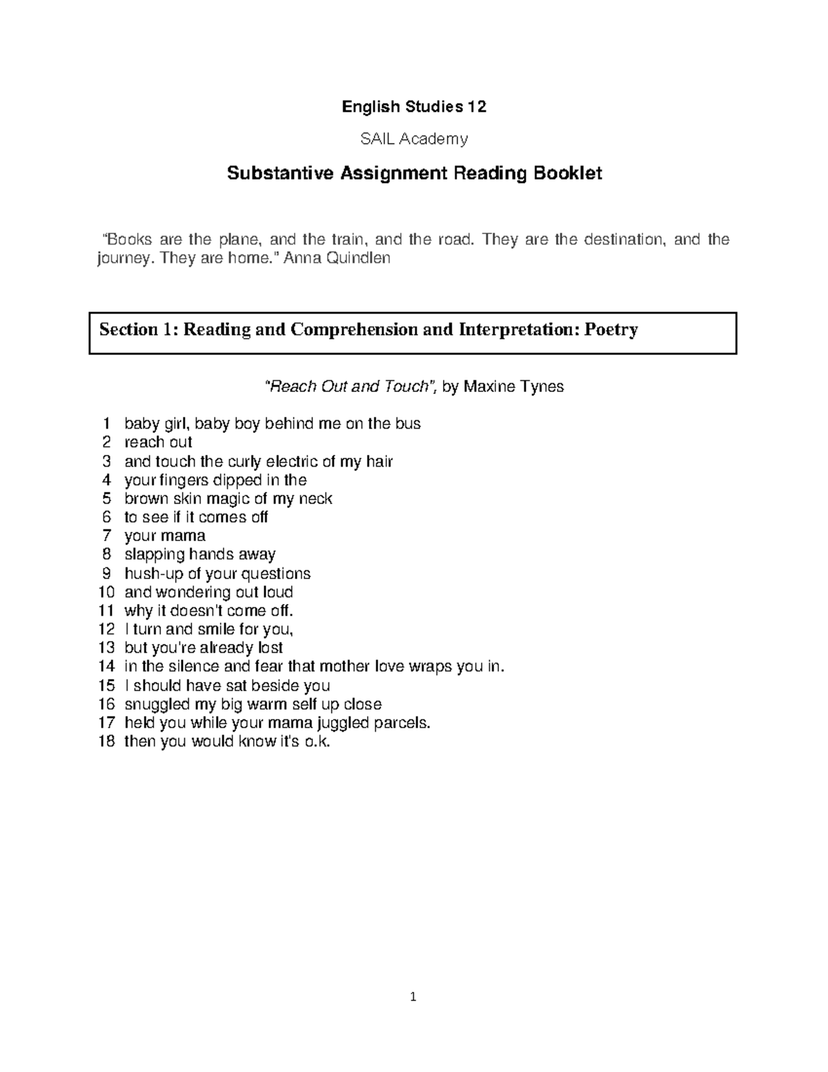 English 12 Reading Booklet - Marks: 16 English Studies 12 SAIL Academy ...