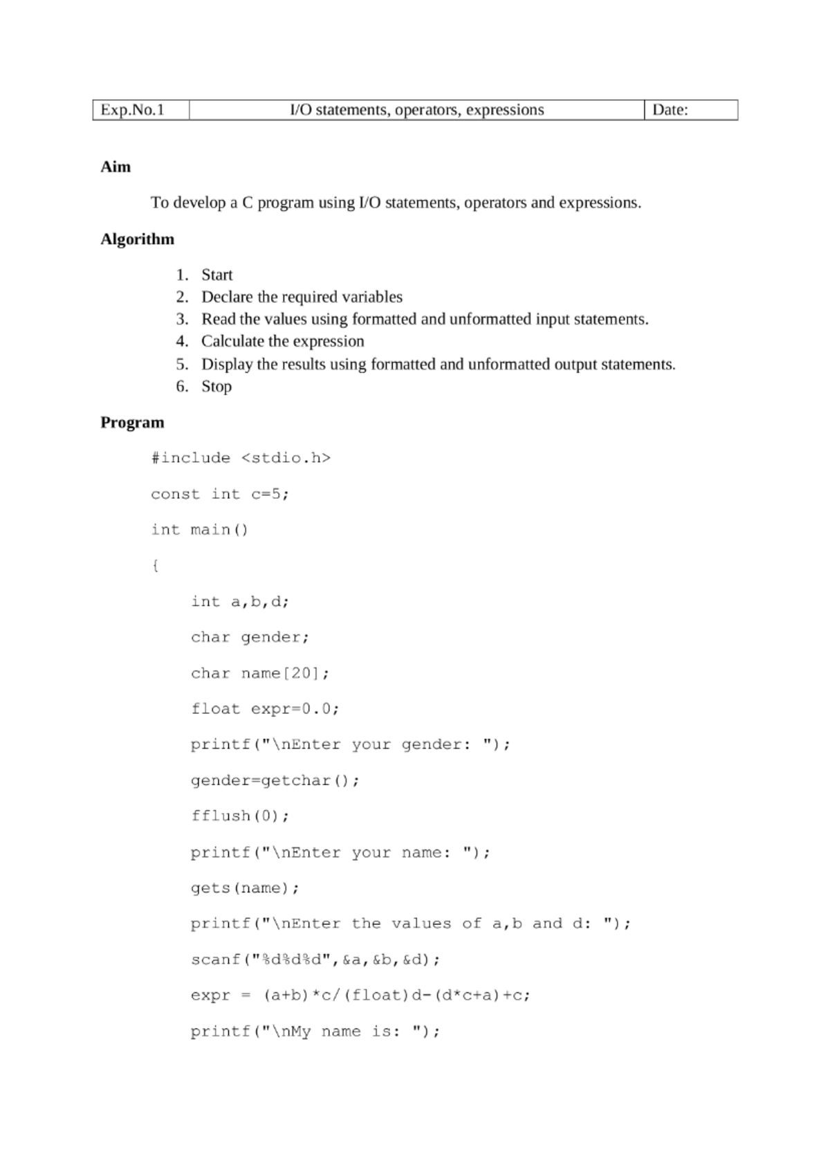 C lab1,2,3 - Lab - Exp.No statements, operators, expressions Date: Aim To develop a C program ...