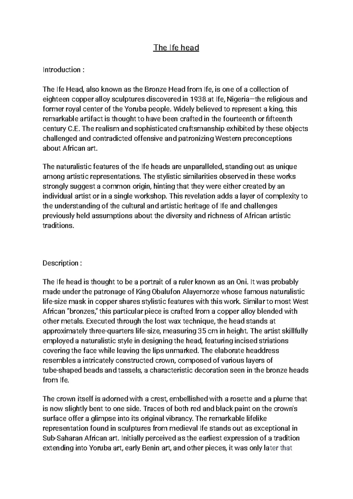 Anglais - Terminale - présentation oeuvre d'art - The Ife head ...