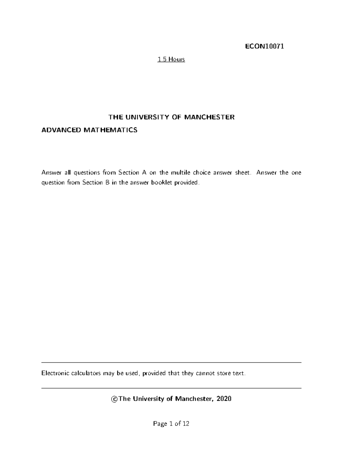 2020 Exam - should be help - 1 Hours THE UNIVERSITY OF MANCHESTER ...