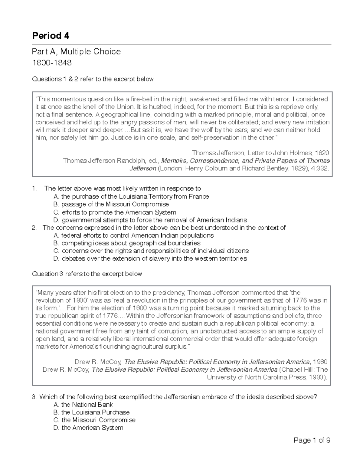 Period 4 multiple choice - Period 4 Part A, Multiple Choice 1800-1848 ...