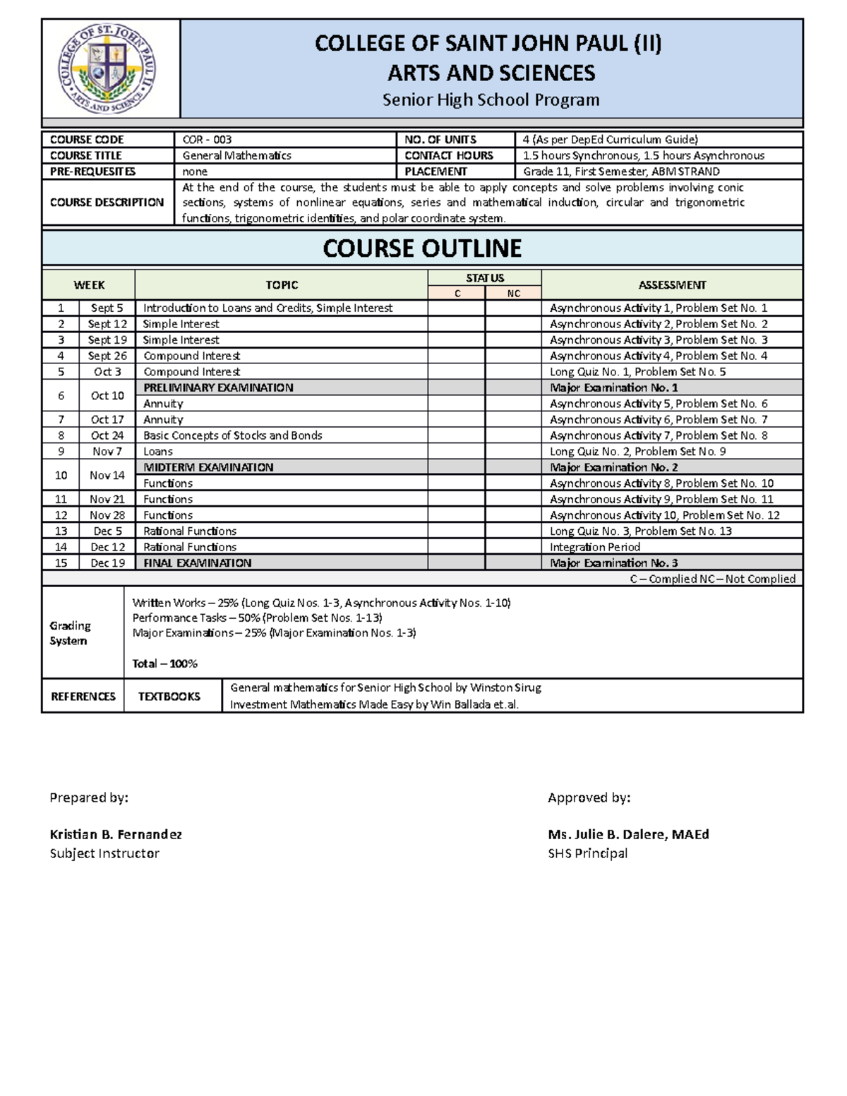 CSJP Course Outline General Mathematics - COLLEGE OF SAINT JOHN PAUL ...