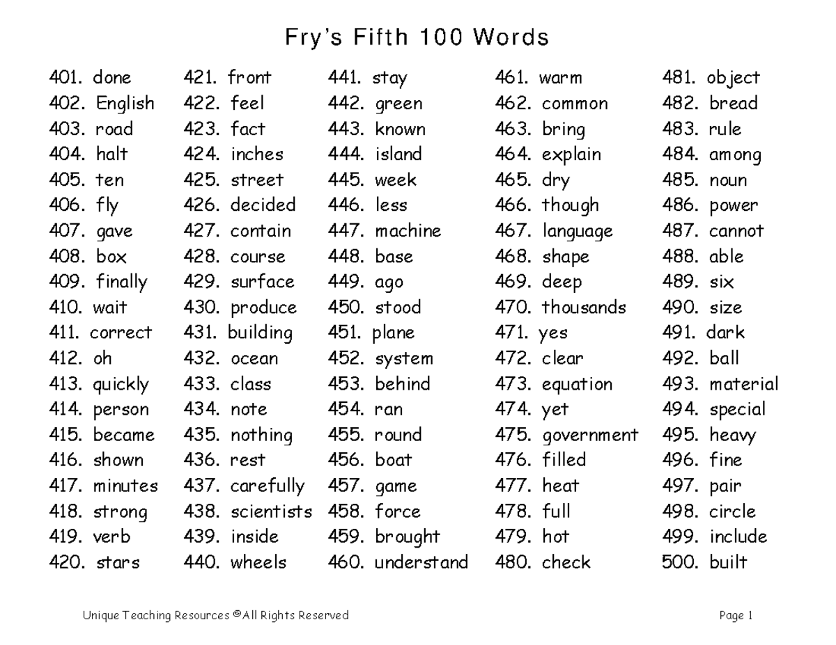 Fry's Fifth 100 Words - dfrfrt - ####### Unique Teaching Resources ©All ...