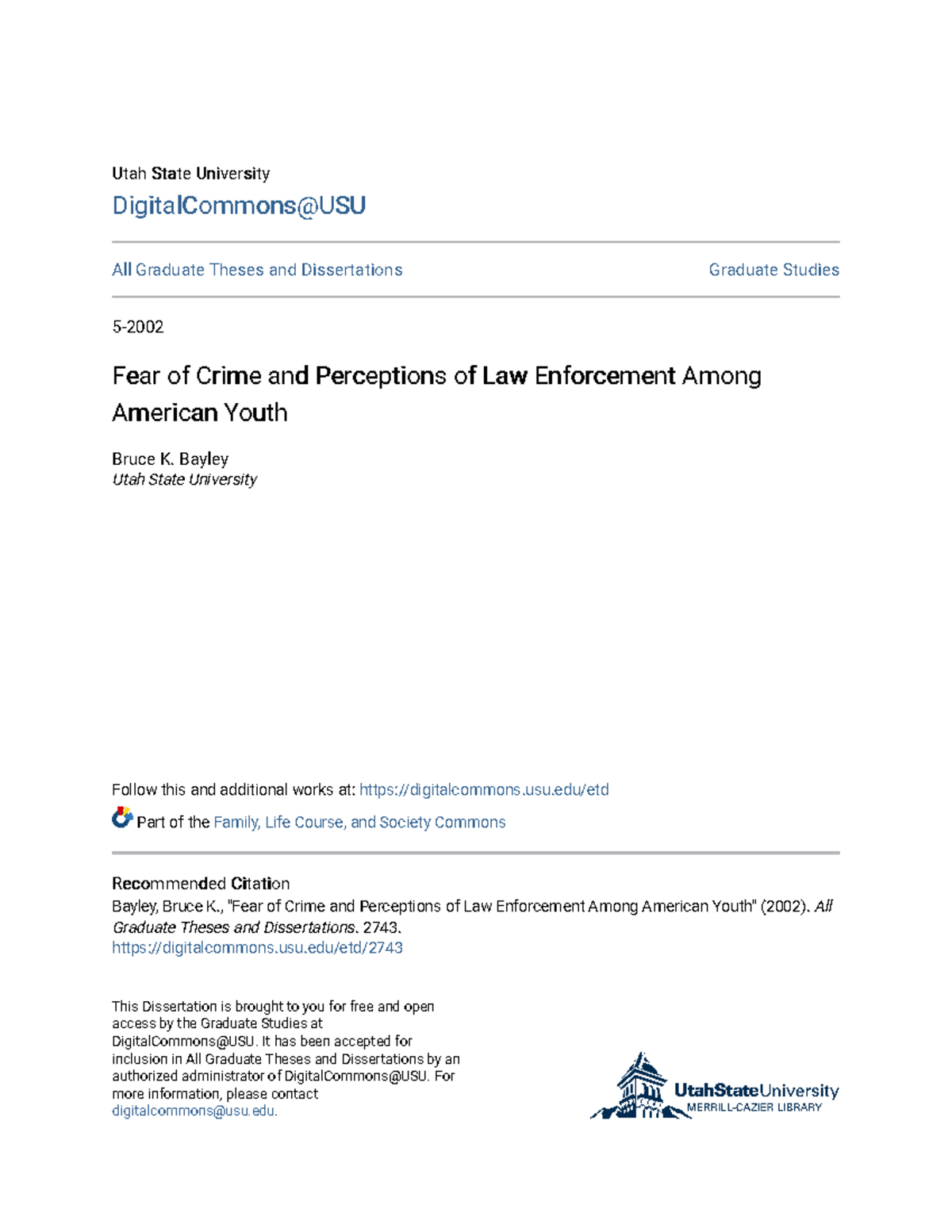 Fear of Crime and Perceptions of Law Enforcement Among American Y ...