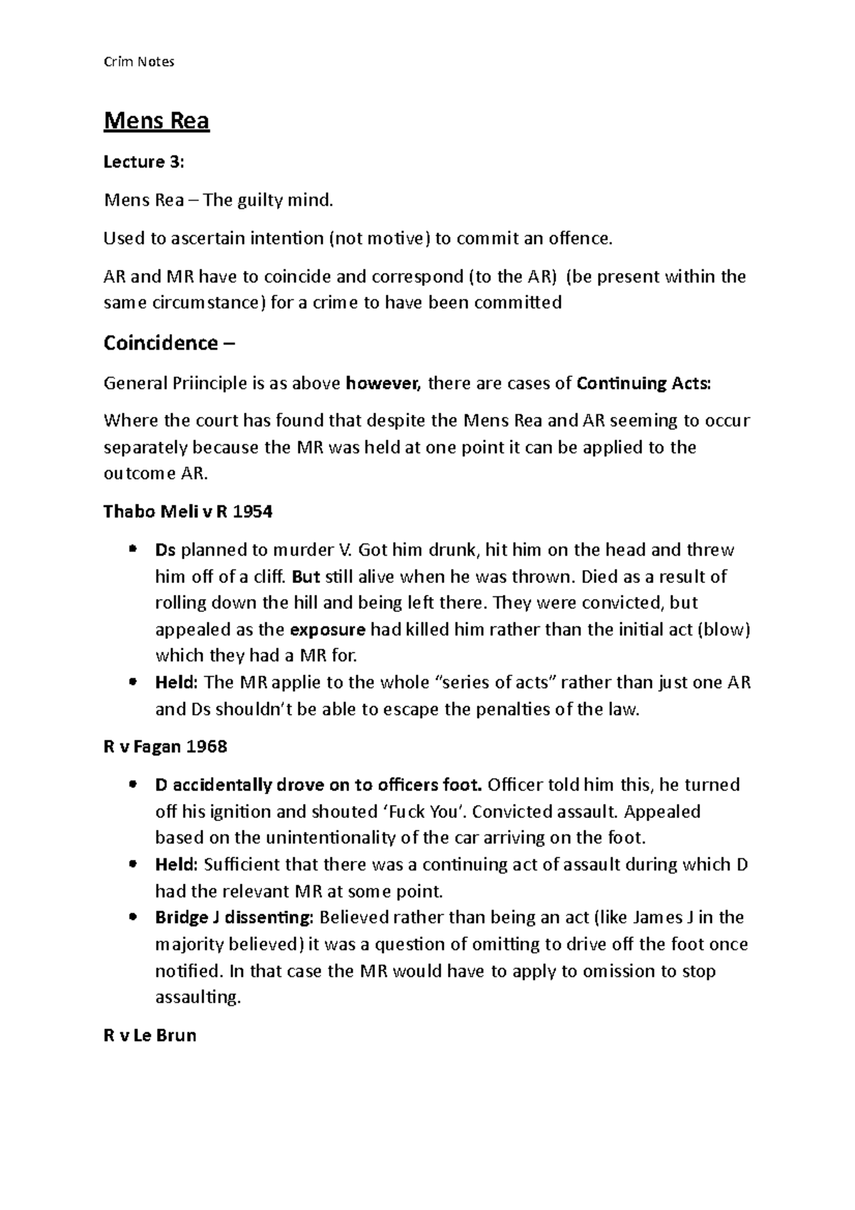 Criminal AR and MR Notes + NFOAP - Mens Rea Lecture 3: Mens Rea – The ...