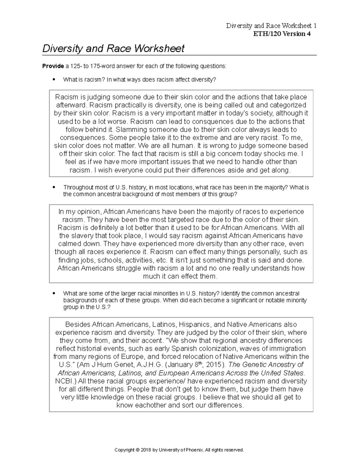 Diversity and Race WS - Coursework and Assignments! - Diversity and ...