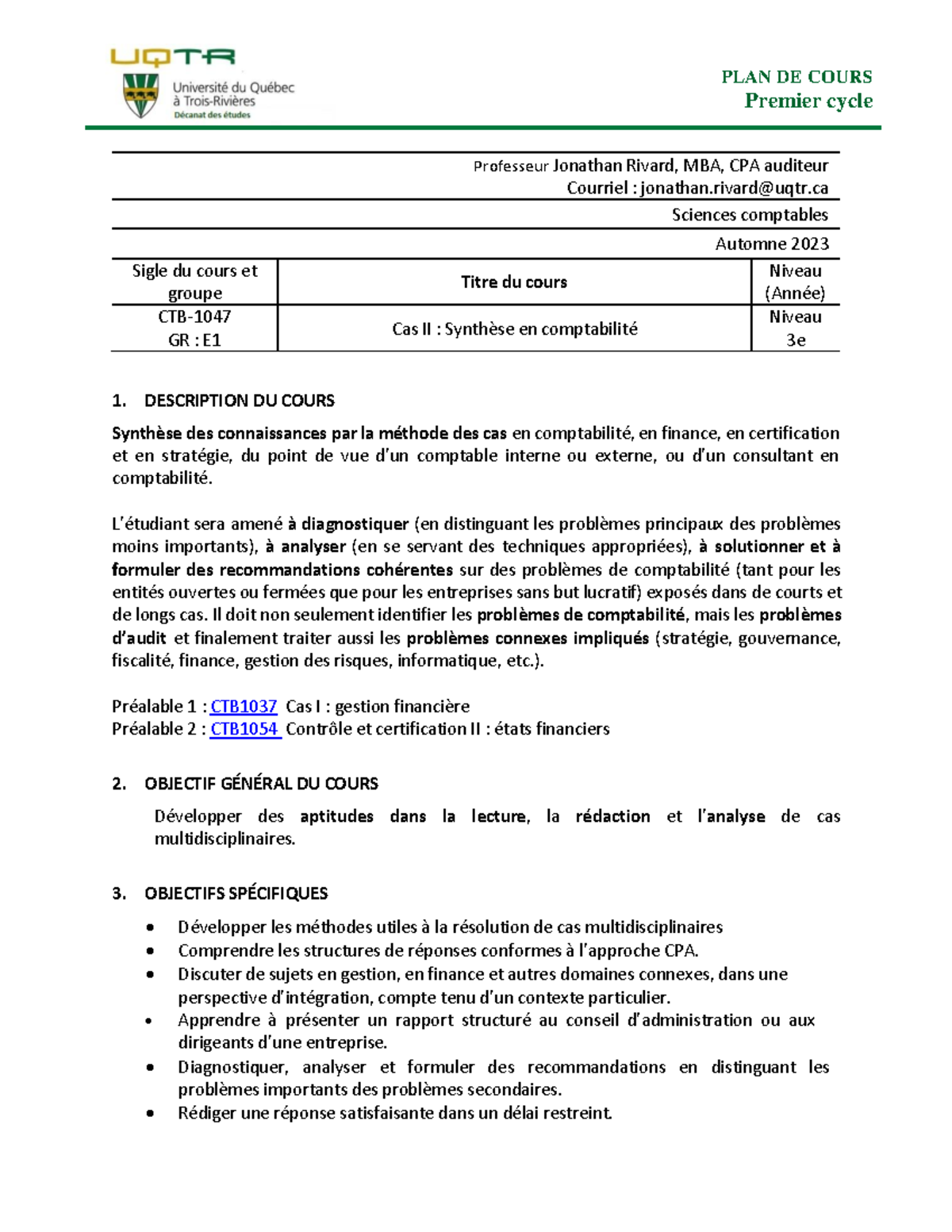Plan de cours CTB1047-E1 aut. 2023 - PLAN DE COURS Premier cycle ...