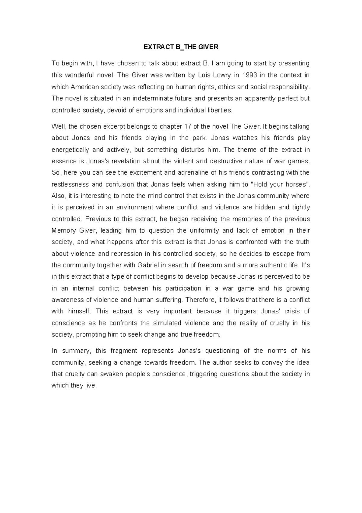 Documento PARA EL Individual ORAL - EXTRACT B_THE GIVER To begin with ...