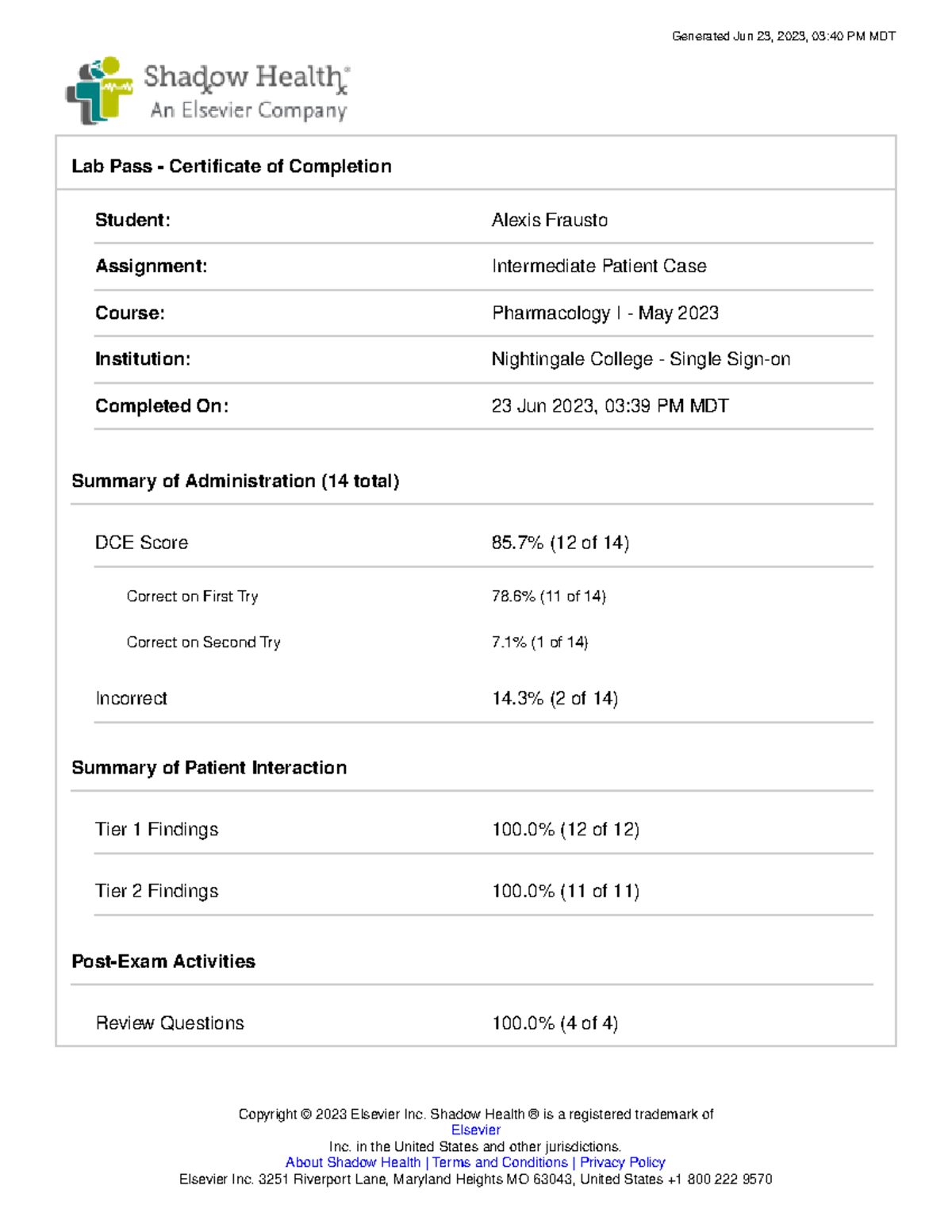Lab pass Intermediate patient care - Generated Jun 23, 2023, 03:40 PM ...