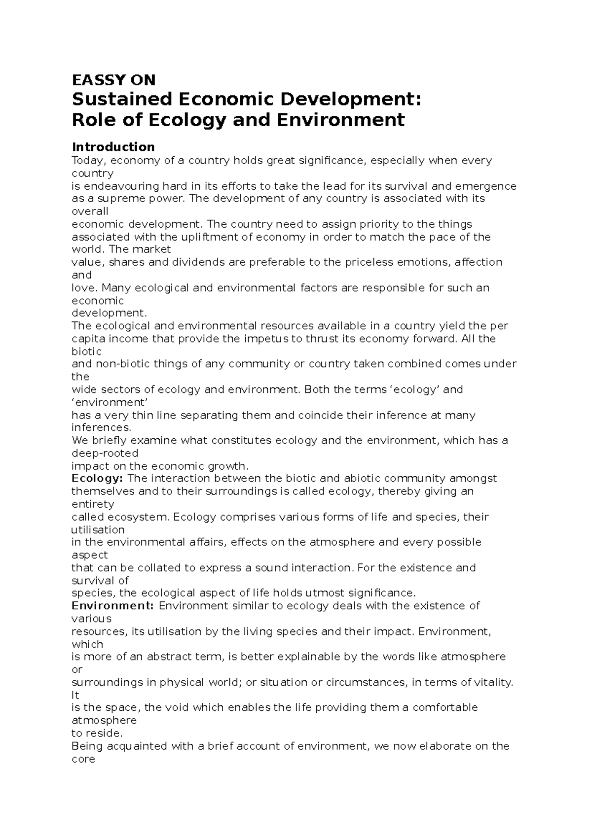 Sustained Economic Development - EASSY ON Sustained Economic ...