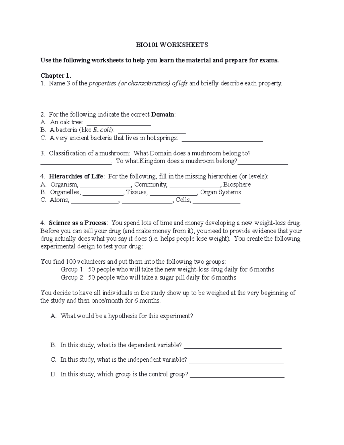 Chapter 1 Worksheets - BIO101 WORKSHEETS Use the following worksheets ...