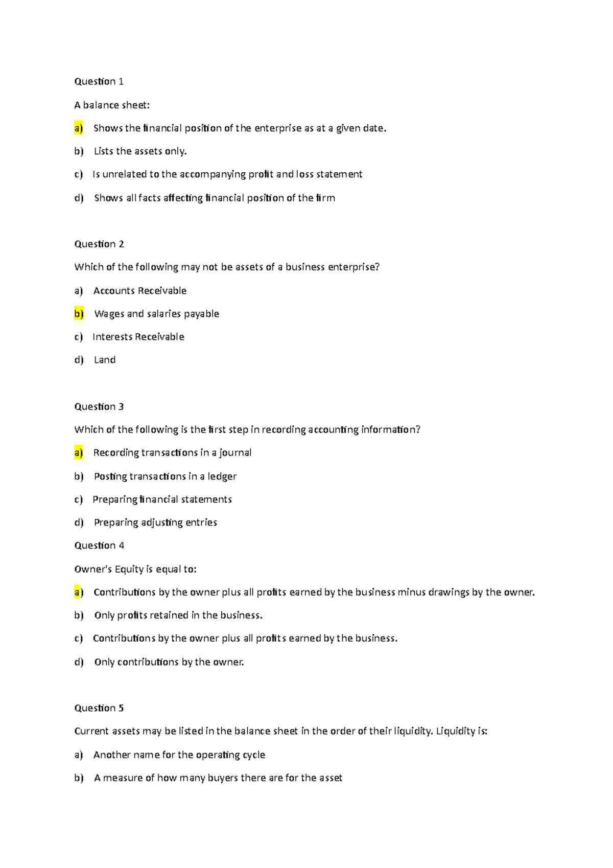Informal QUIZ Week 10 Question 1 A Balance Sheet A Shows The Informal QUIZ Week 10 Question 1 A Balance Sheet A Shows The