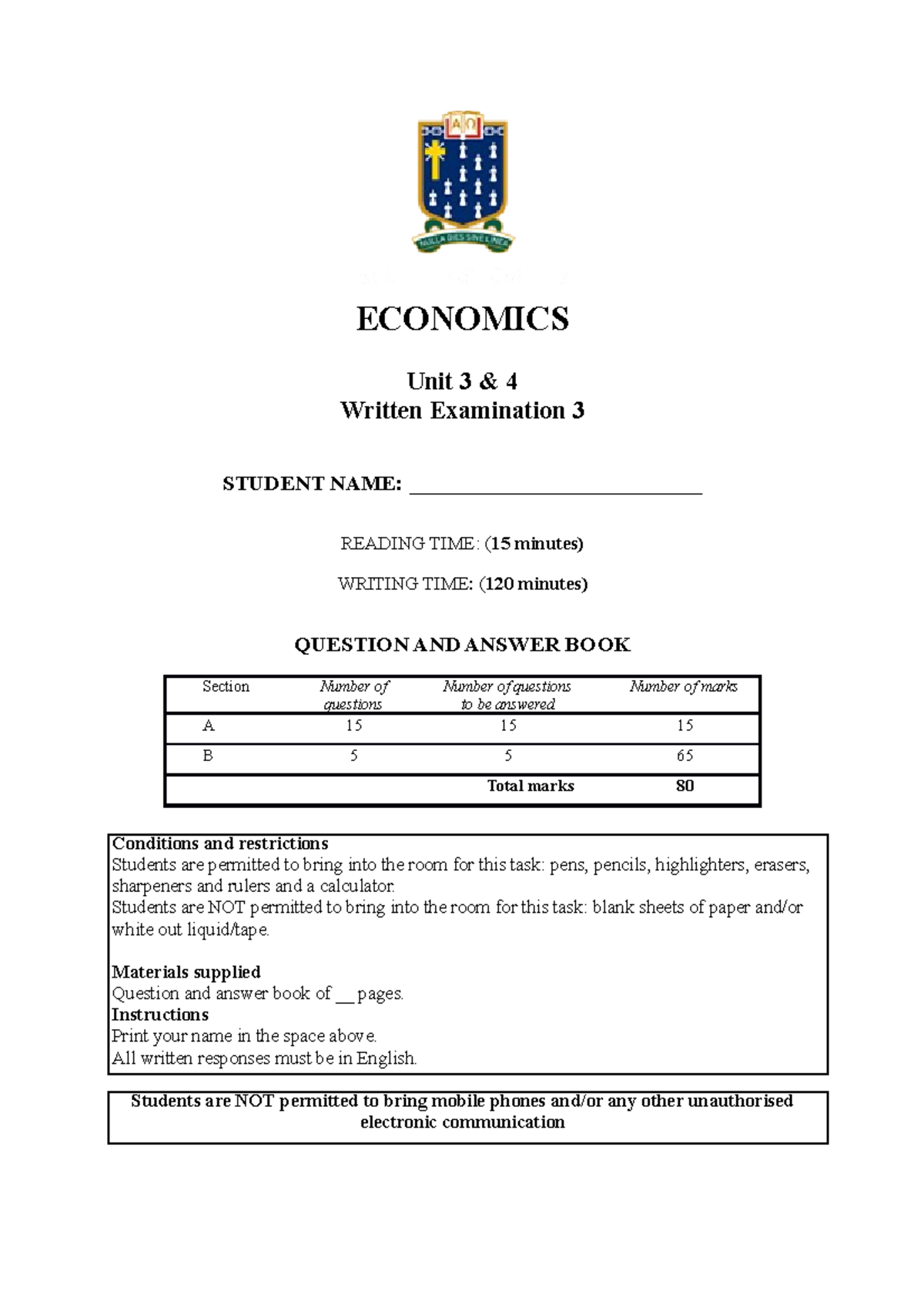 Economics Practice EXAM 2017 CDA - ECONOMICS Unit 3 & 4 Written ...