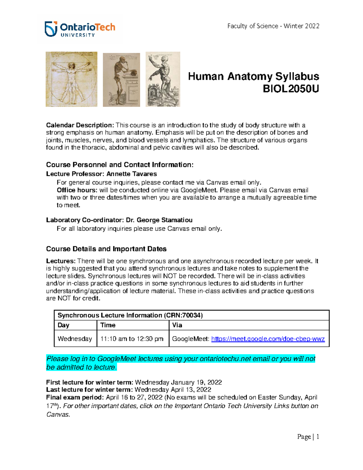 BIOL2050U Syllabus Winter 2022 final - Human Anatomy Syllabus BIOL2050U ...