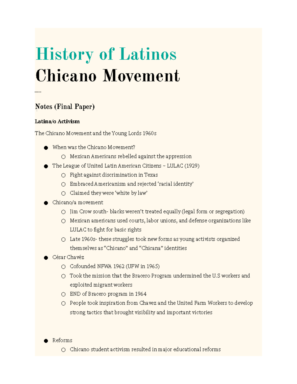 10 28 LTNS 278 - Lecture notes 6 - History of Latinos Chicano Movement ...