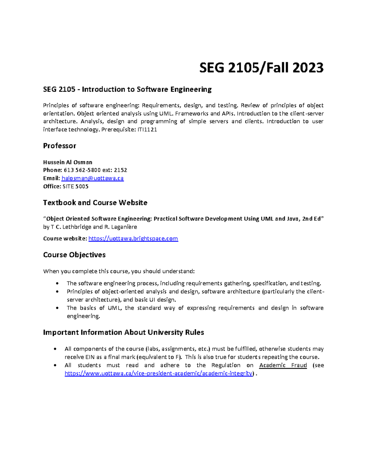 Syllabus SEG2105 - 2023 - SEG 2105/Fall 202 3 SEG 2105 - Introduction ...