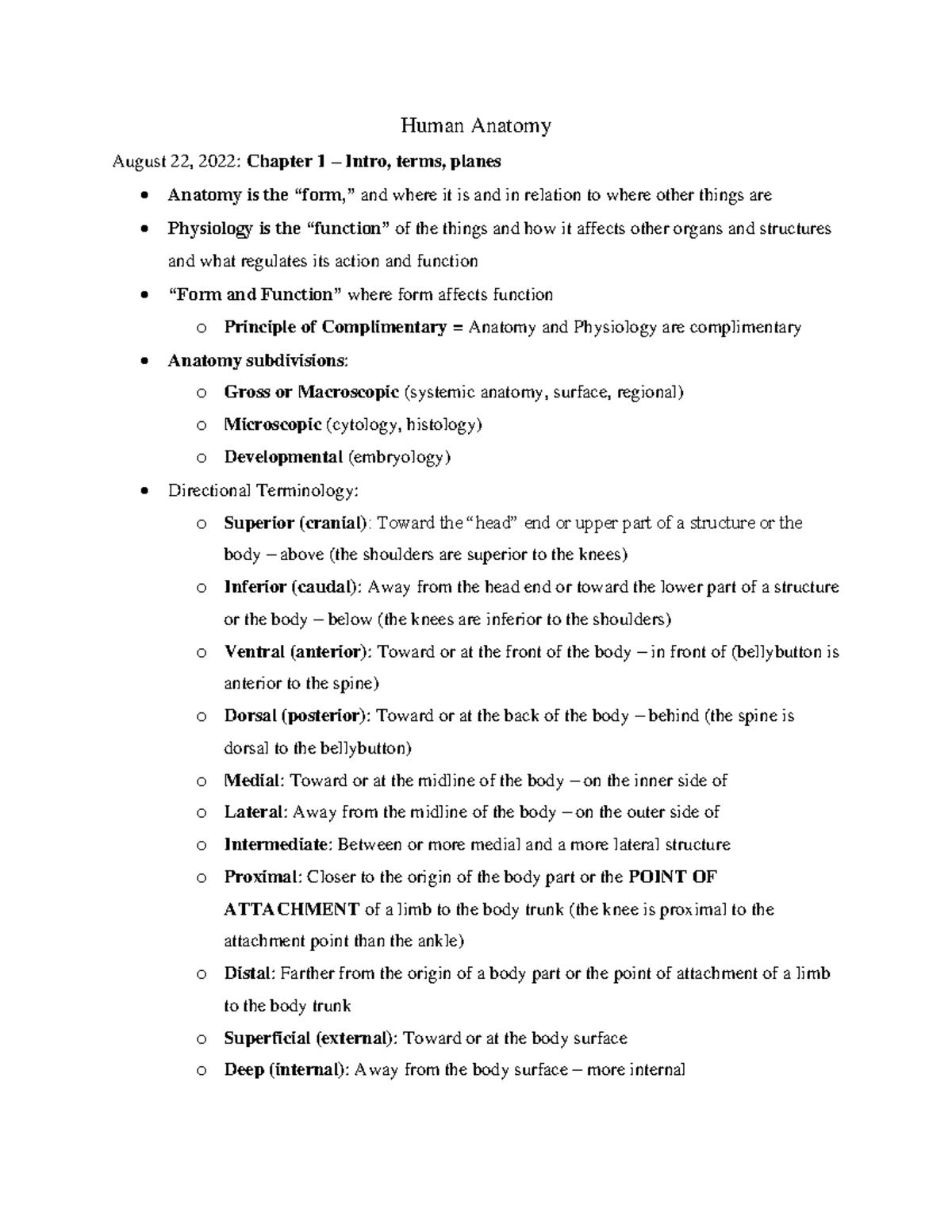 Anatomy Notes - Human Anatomy August 22, 2022: Chapter 1 – Intro, terms ...