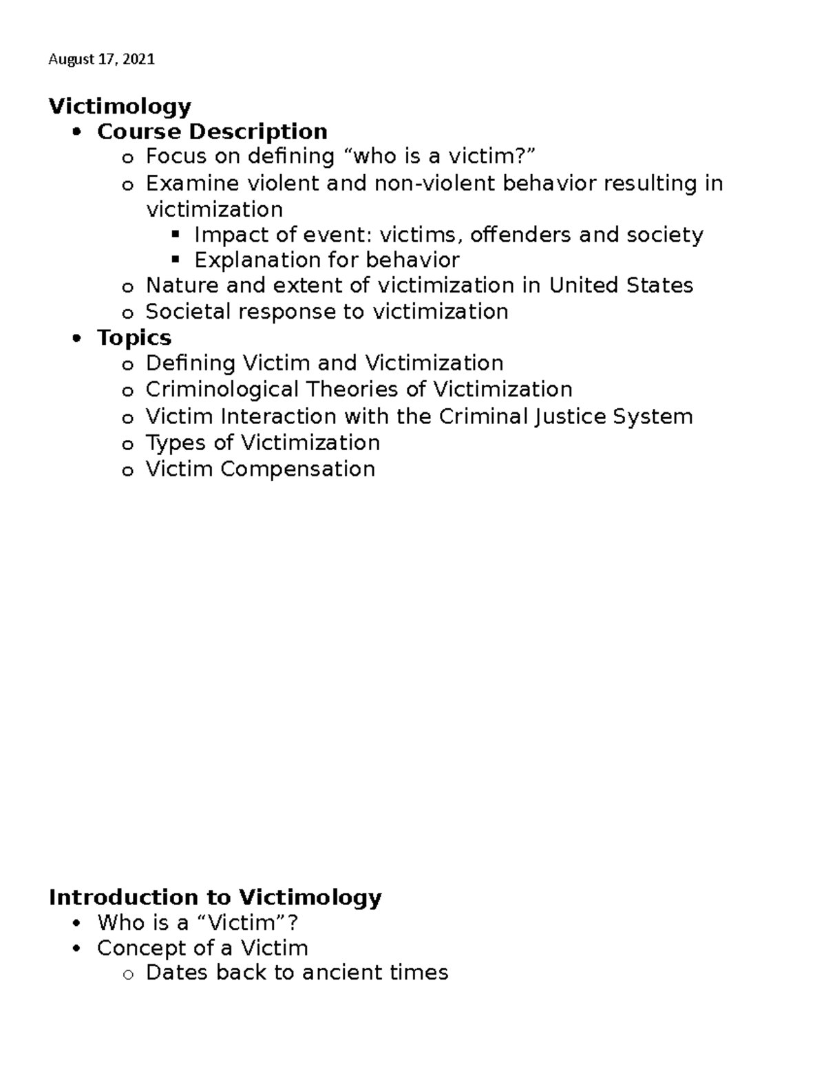 Victimology Notes- August 17 - August 17, 2021 Victimology Course ...