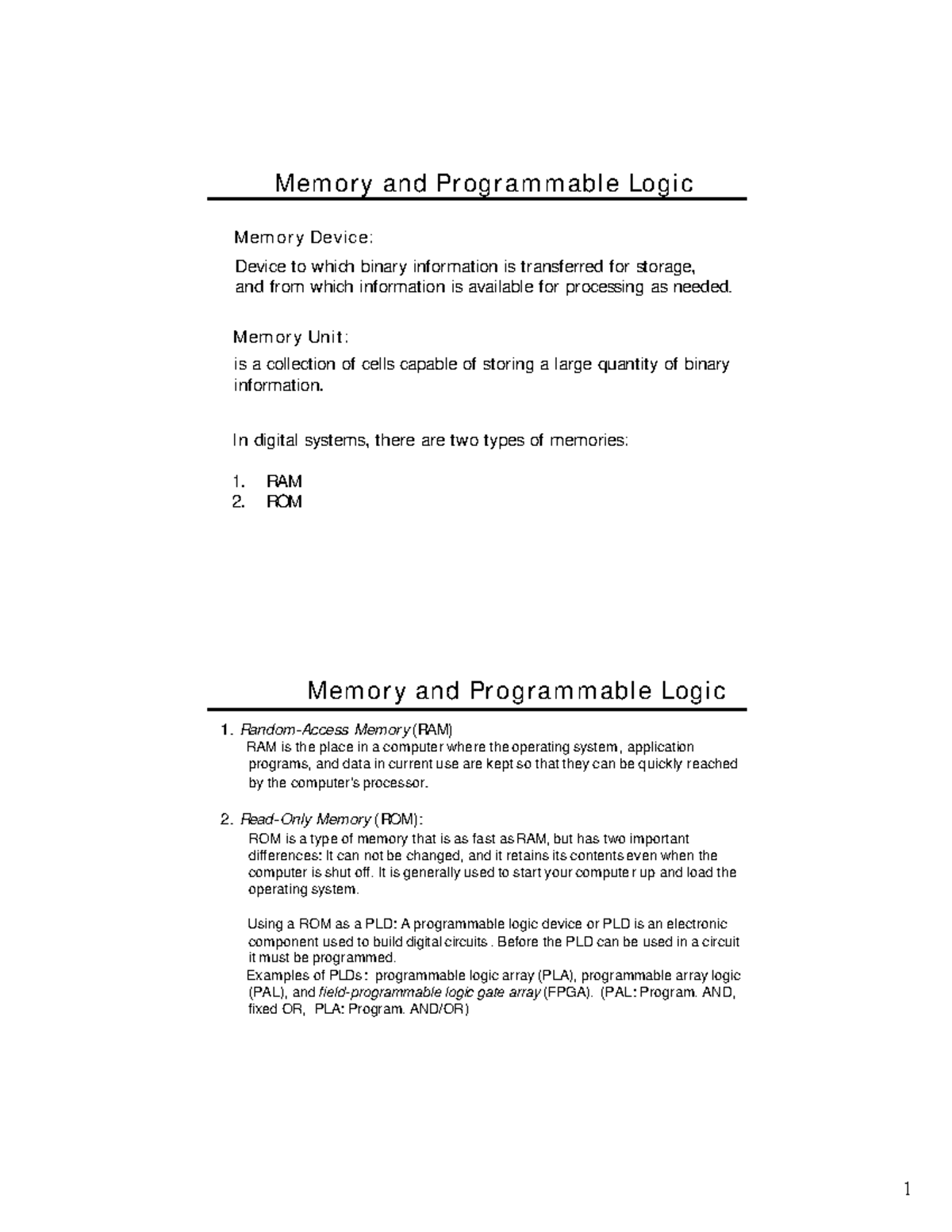 Memory and programmable logic - Memory and Programmable Logic Memory ...