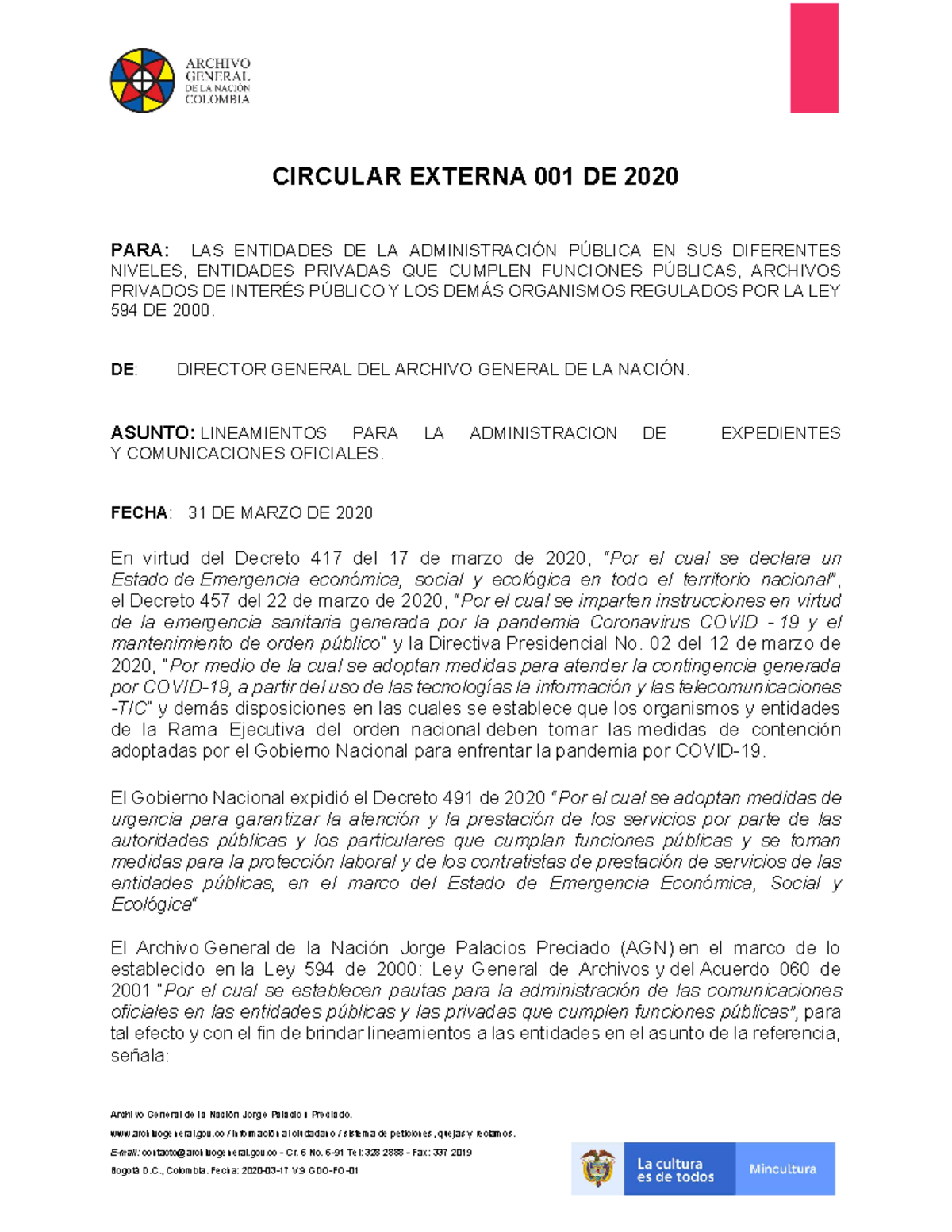 Circular Externa 001- Archivo - Archivo General de la Nación Jorge ...