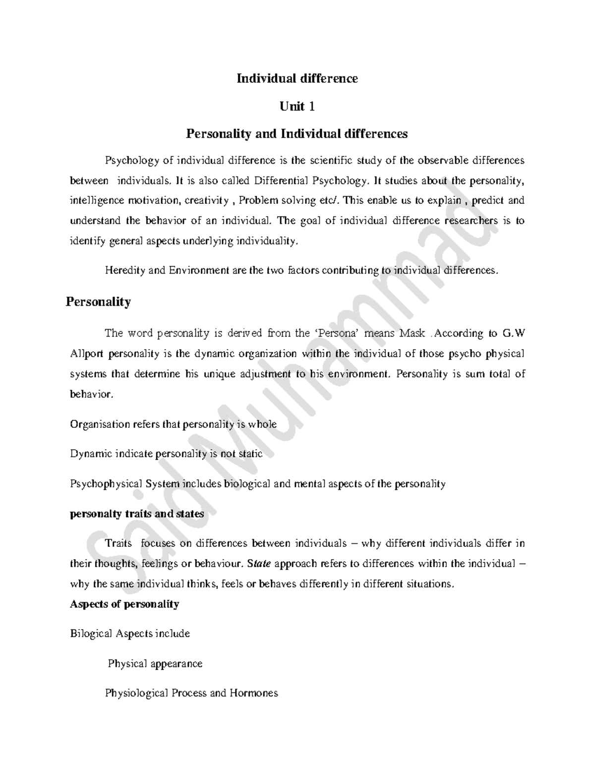 ID unit 1 - Individual difference Unit 1 Personality and Individual ...