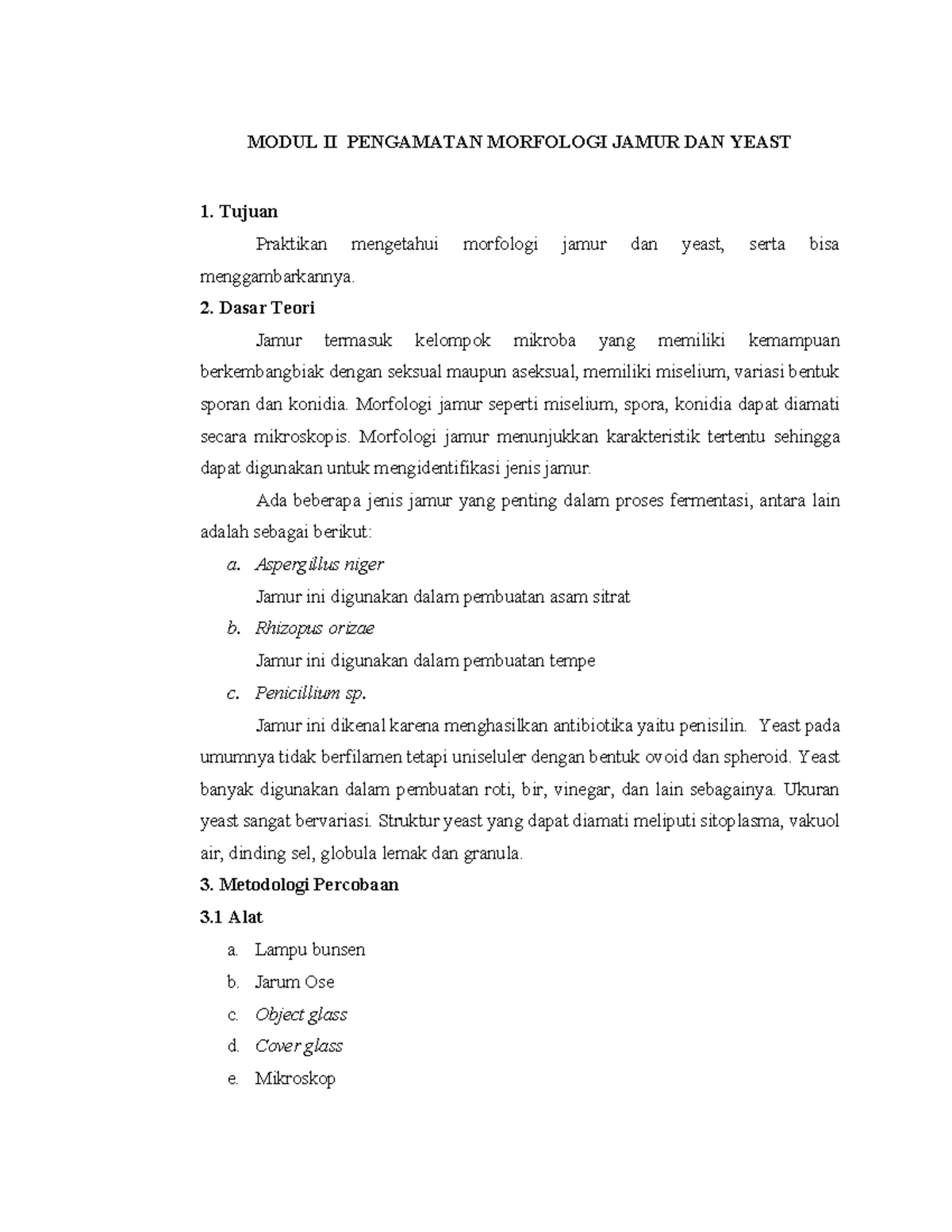 Modul II Pengamatan Morfologi Jamur DAN Yeast - MODUL II PENGAMATAN ...