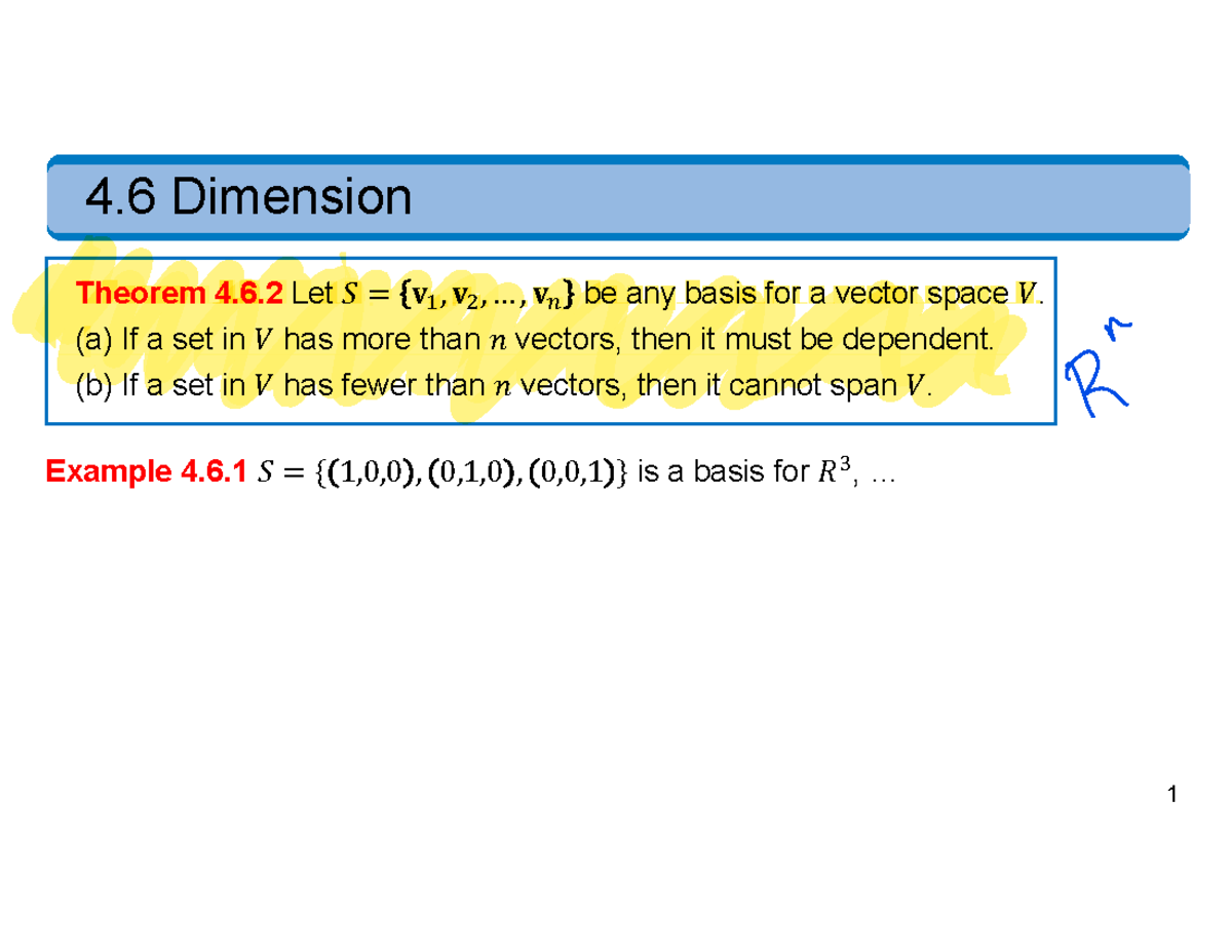 Section 4.6 After - notes - Theorem 4.6 Let 𝑆 ൌ 𝐯ଵ, 𝐯ଶ, ... , 𝐯௡ be any ...