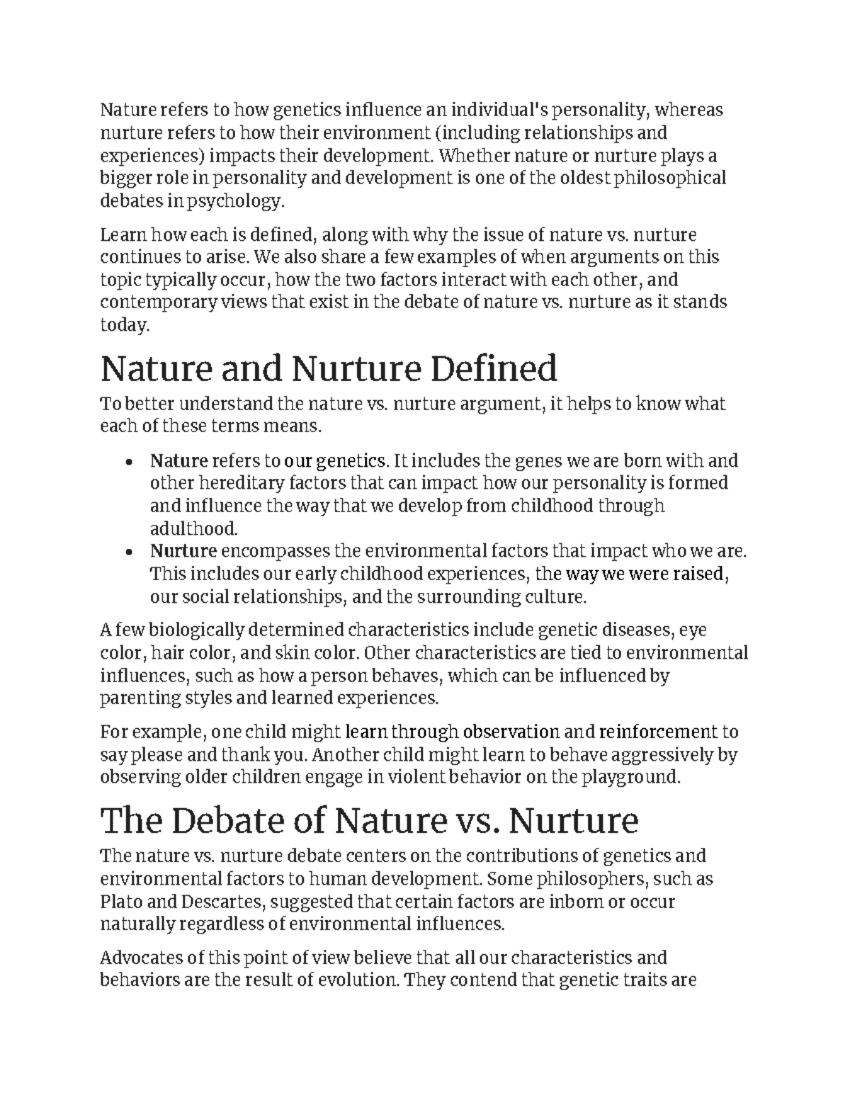 Nature Vs Nurture - Notes - Nature refers to how genetics influence an ...