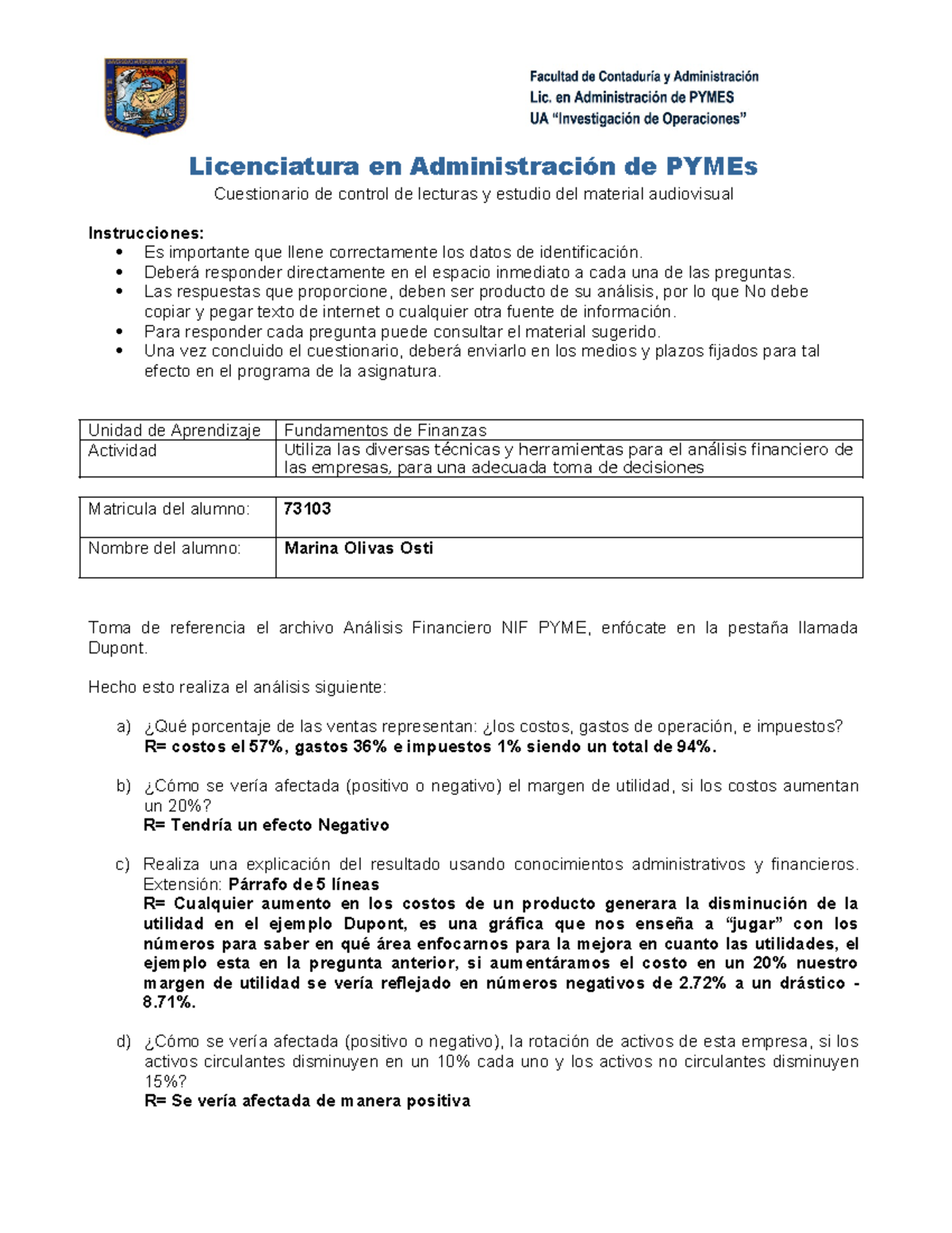 Ejercicio Modelo Dupont (2020) - Fundamentos de Finanzas Licenciatura ...