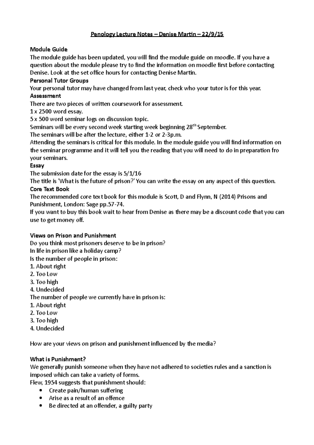 Penology 22-9-15 - Summary of lecture - Penology Lecture Notes Denise ...