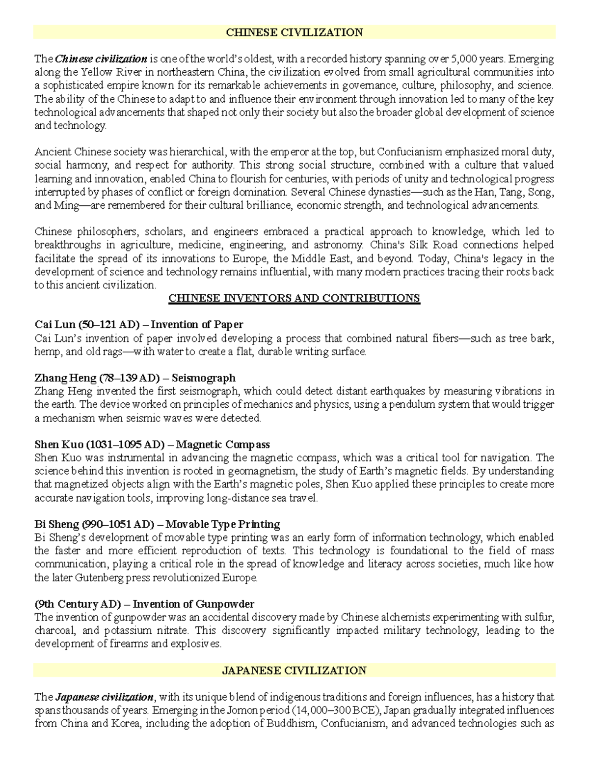 Quiz-2-Notes - History about the ancient civilization - CHINESE ...