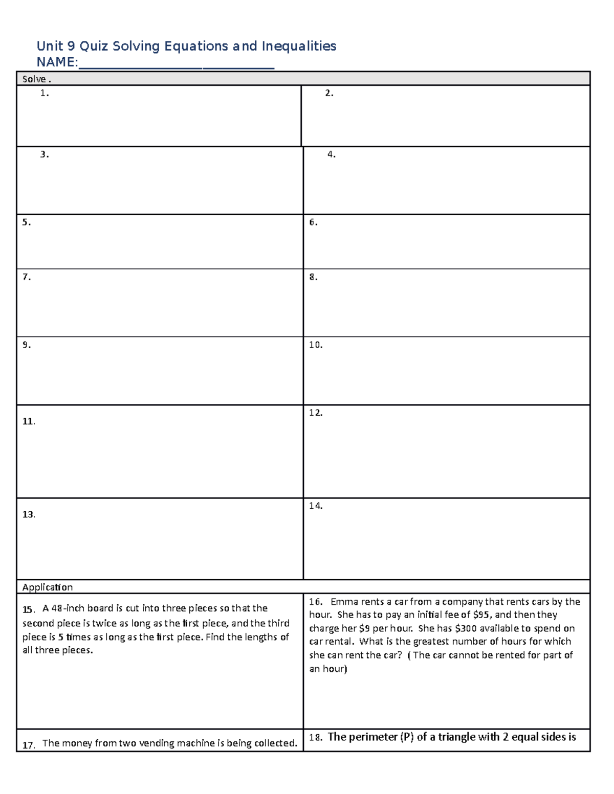 Unit 9 Quiz Solving Equations And Inequalities Unit 9 Quiz Solving