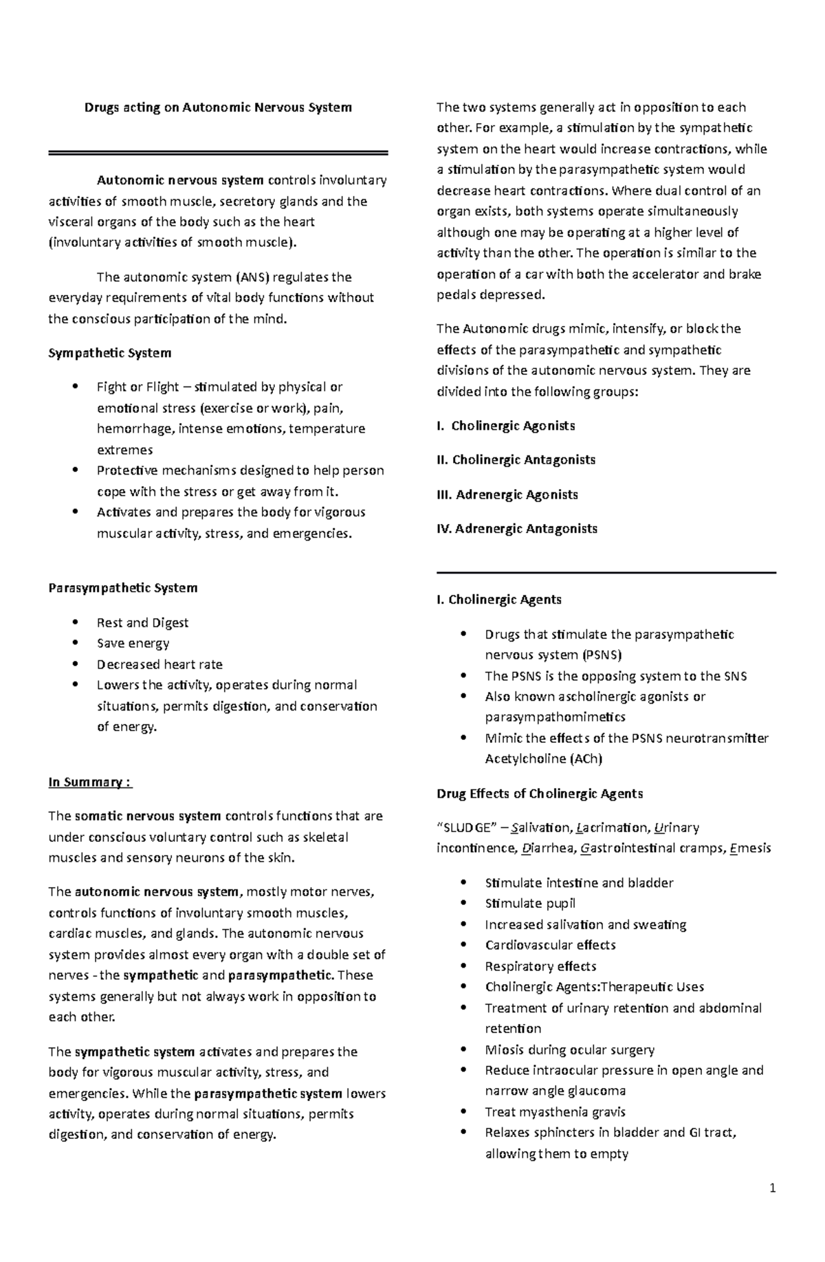 Autonomic Nervous System Lecture Handouts - Drugs acting on Autonomic ...