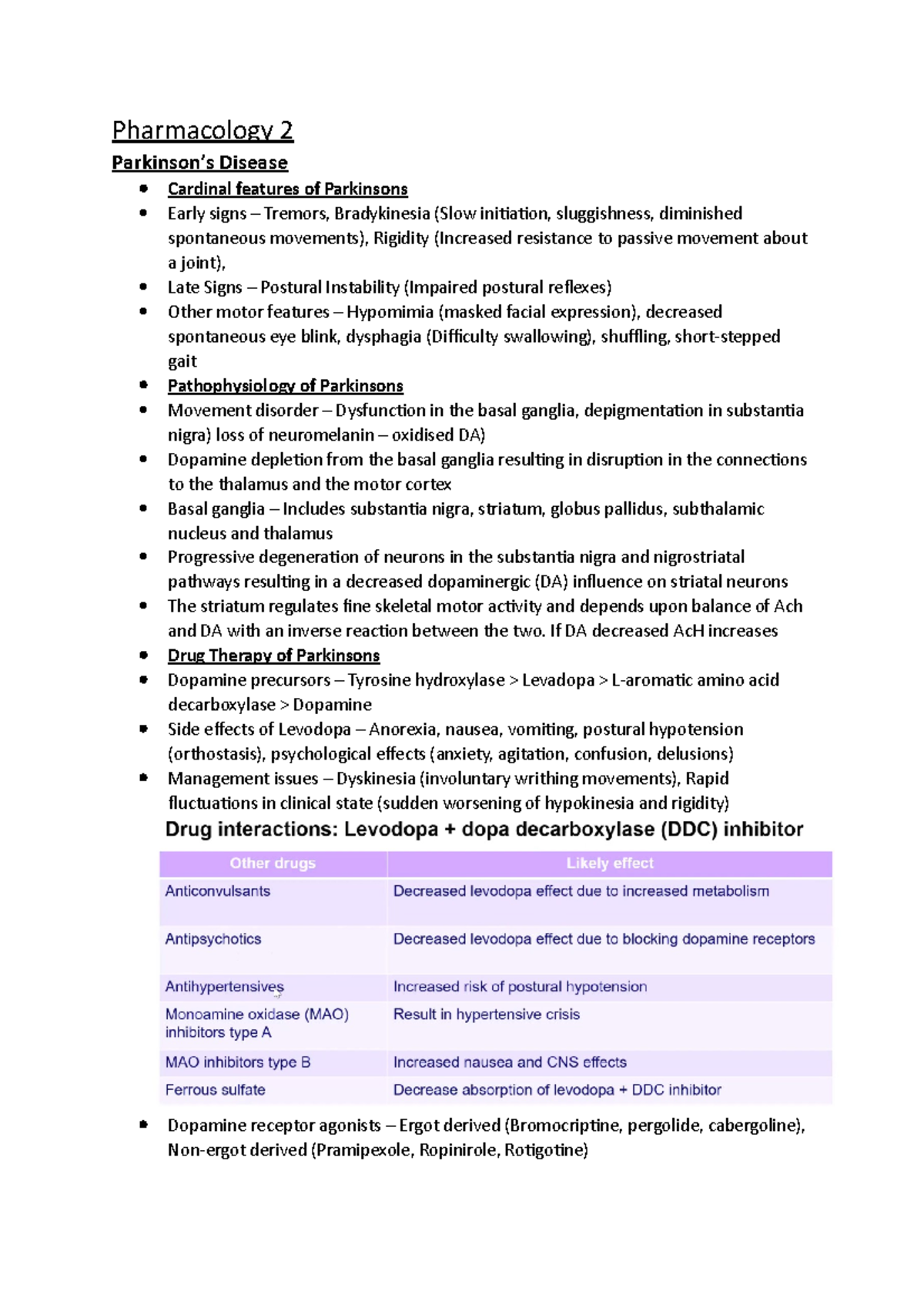 Pharmacology 2 Lecture Notes - Pharmacology 2 Parkinson’s Disease ...