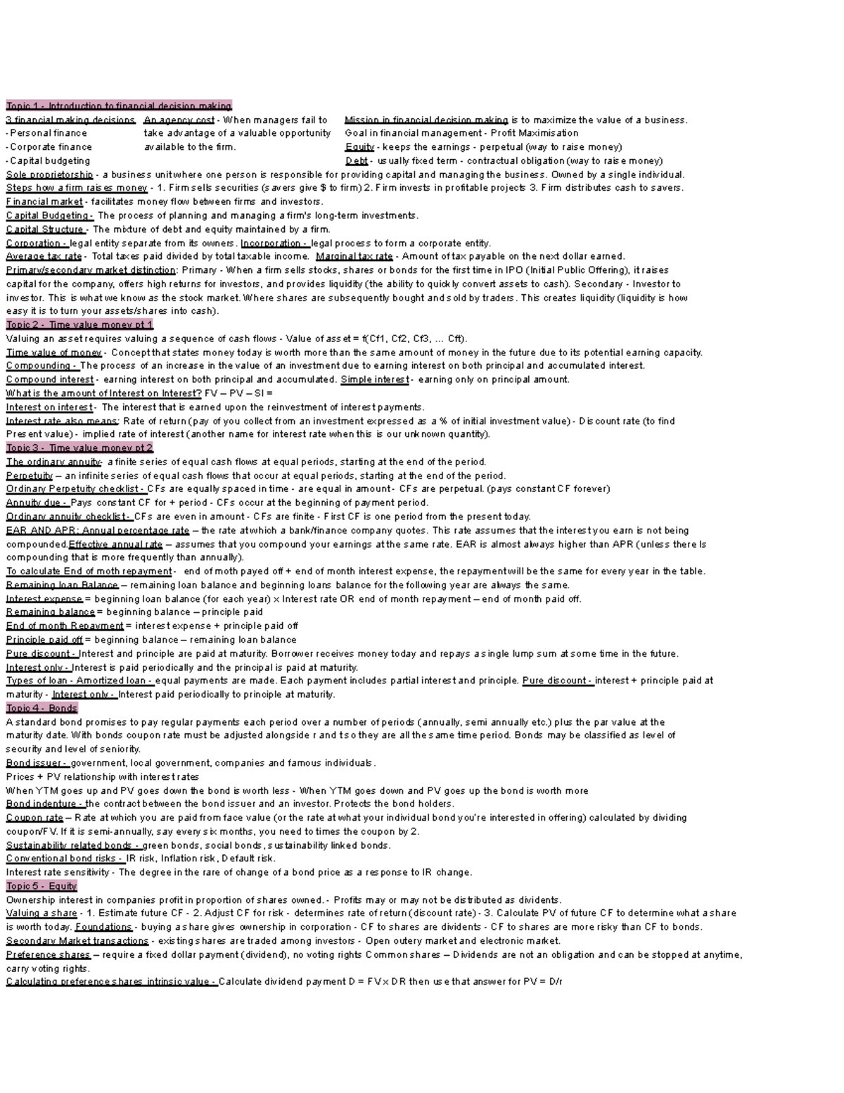 BSNS 114 cheet sheet - Topic 1 - Introduction to financial decision ...