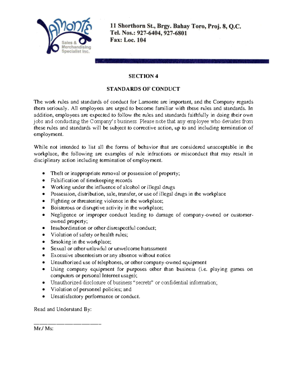 Standard-of-Conduct - SECTION 4 STANDARDS OF CONDUCT The work rules and ...