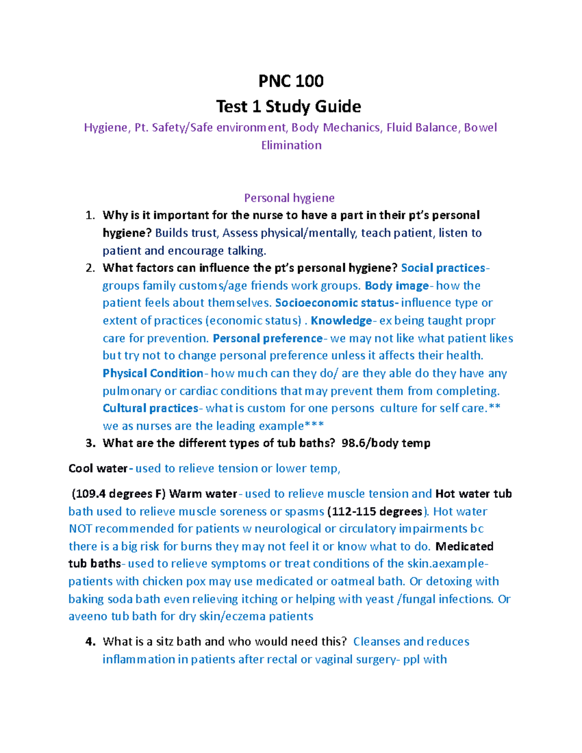 TEST 1 study guide answers - PNC 100 Test 1 Study Guide Hygiene, Pt ...