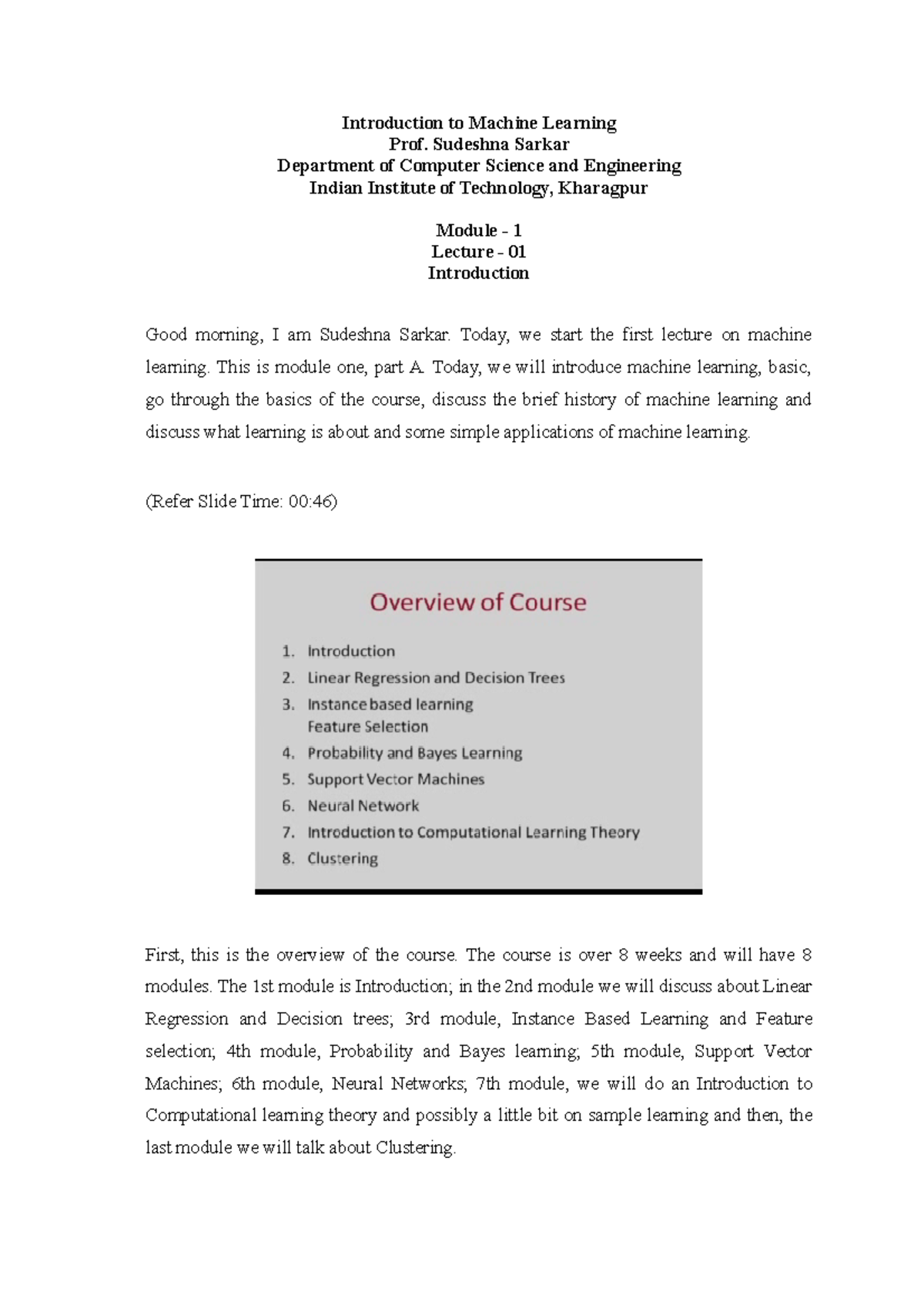 Lec1 - Introduction to Machine Learning Prof. Sudeshna Sarkar ...