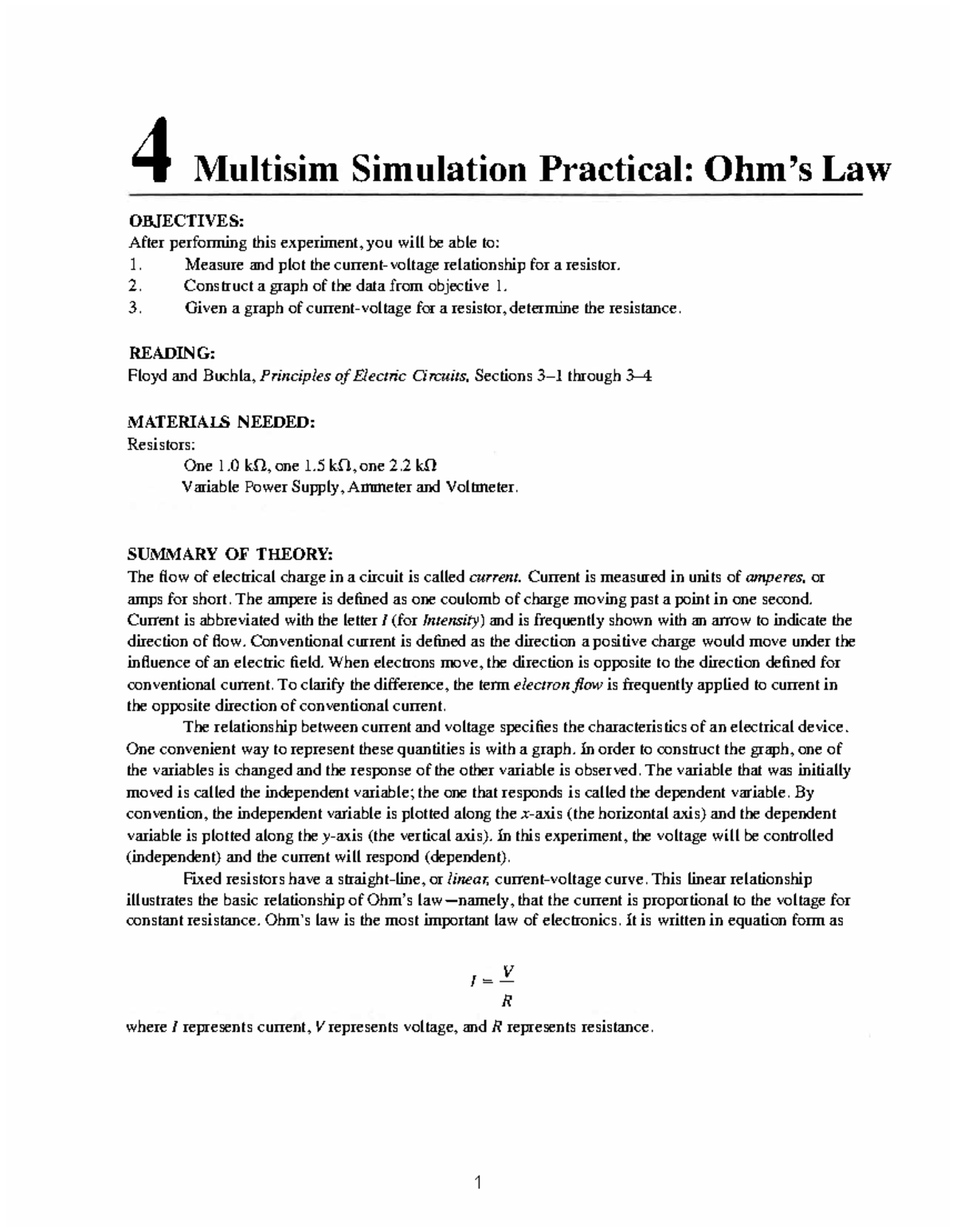 Multisim Simulation Practical Ohms Law - 4 Multisim Simulation Practical: Ohm's Law OBJECTIVES ...