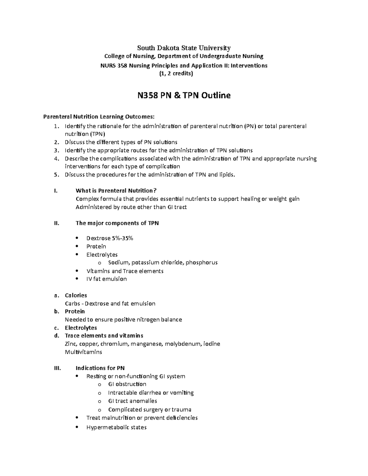 TPN Outline - Identify the rationale for the administration of ...