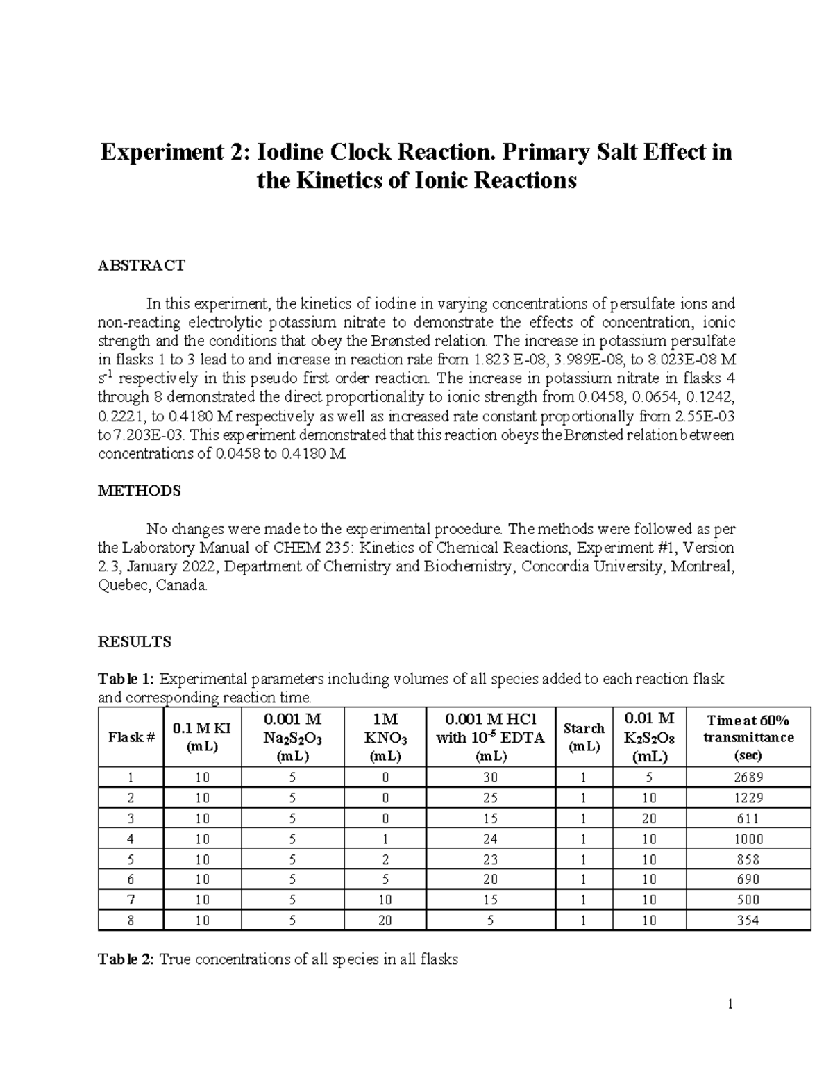 Chem 235 - Lab Report 2 COPY - Experiment 2: Iodine Clock Reaction ...